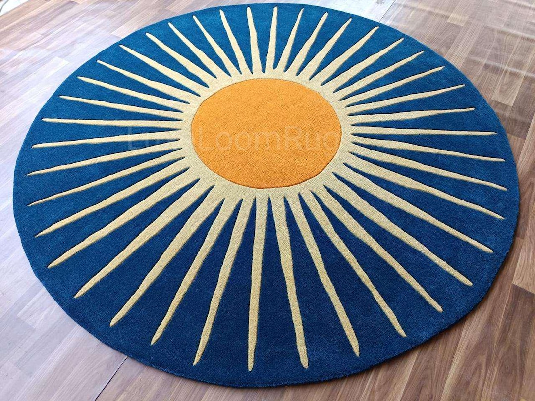 Round Sunburst Rug Blue Yellow Modern Circular Carpet, Handmade Wool ...
