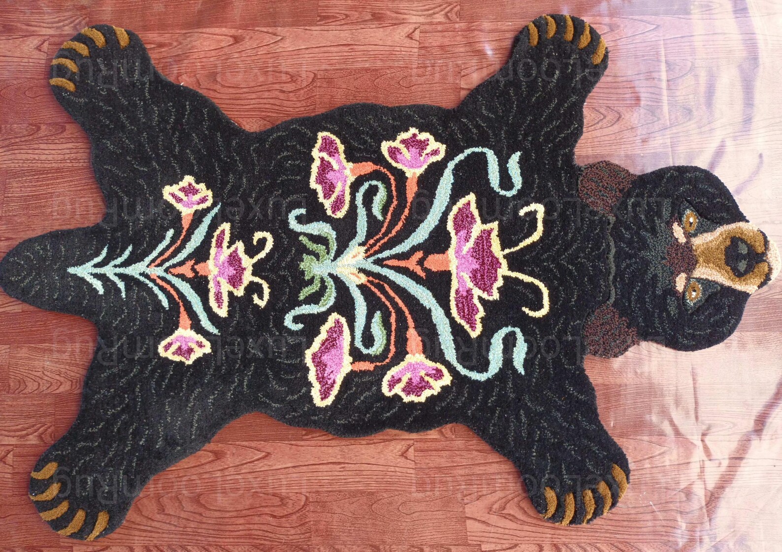 Black Bear Shaped Rug Floral Pattern Tufted Animal Rug, Boho Woodland ...