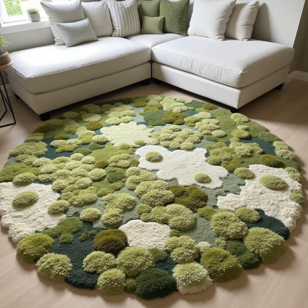 Handmade Green Tufted Round Rug – 3D Textured Moss Carpet, Puffy Shag ...