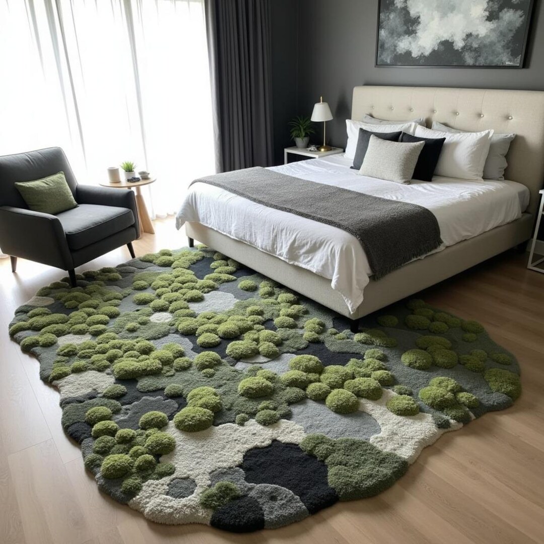 Handmade Green & Grey Moss Rug, 3D Tufted Organic Carpe, Irregular ...