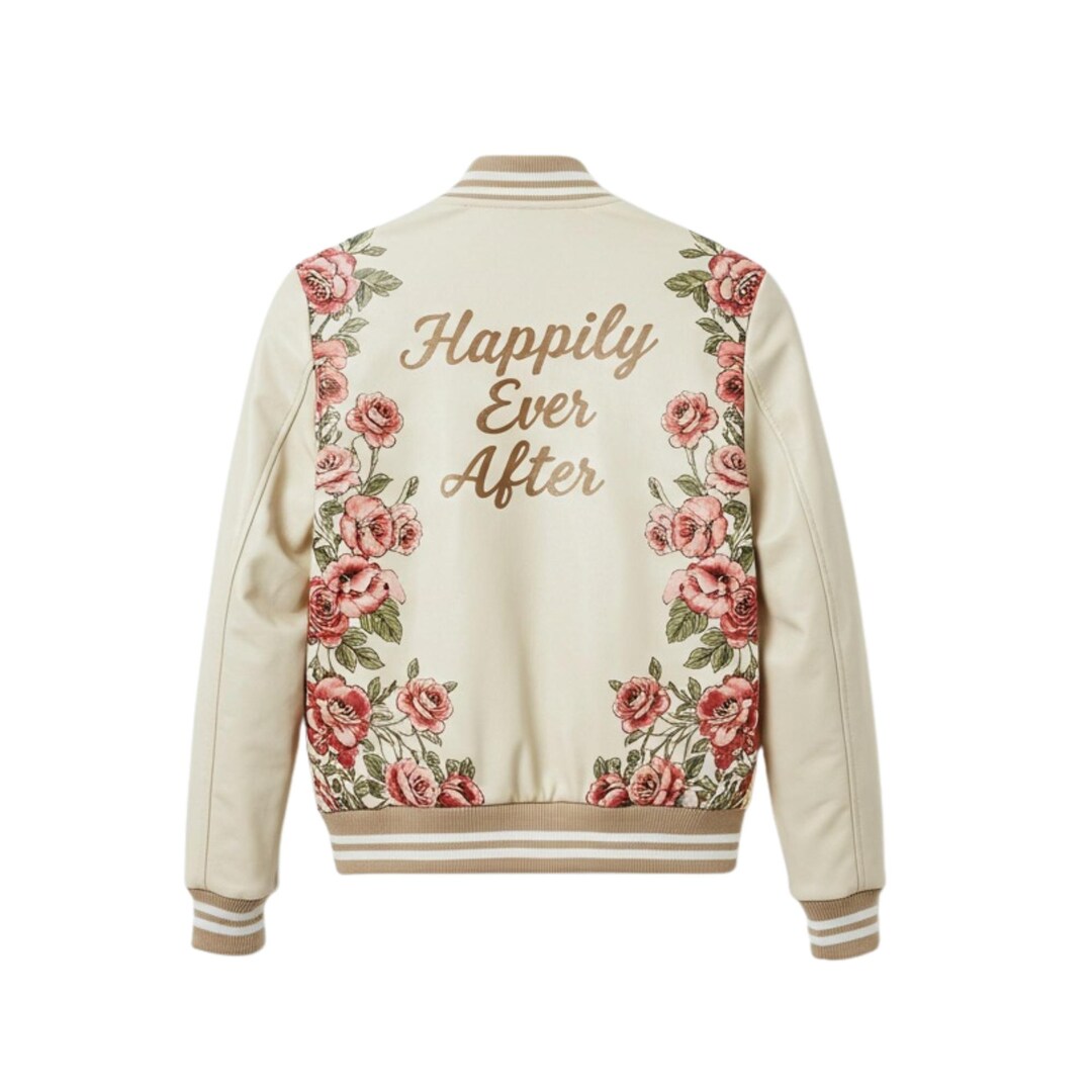 Women’s Bridal Floral Varsity Leather Jacket – Ivory Wedding Bomber ...