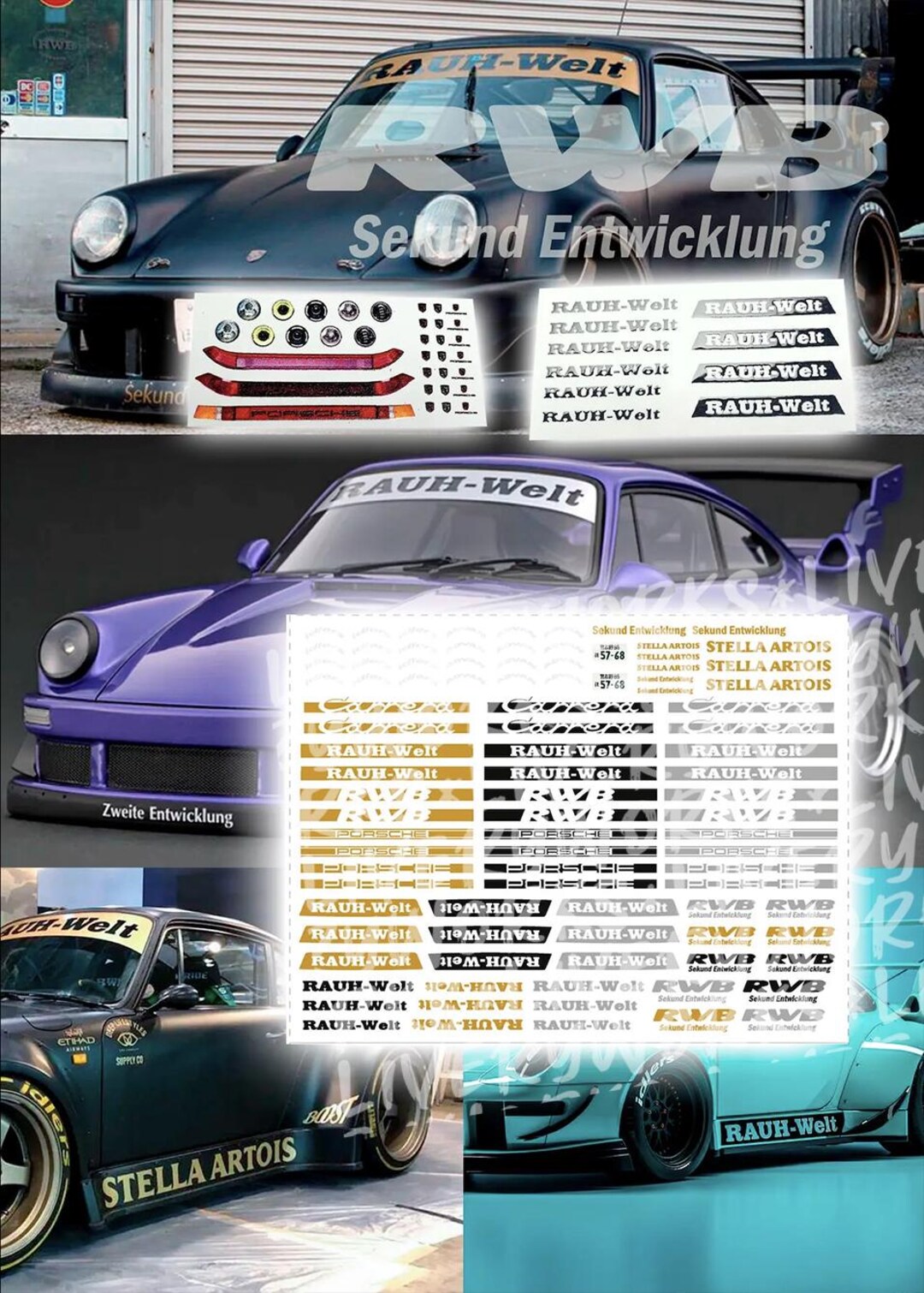 3 in 1 RWB Porsche 964 930 993 | White Toner Waterslide Decals for 1:64 ...