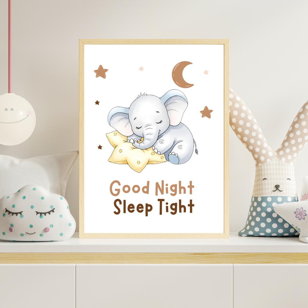 Good Night Sleep Tight Elephant Nursery Print, Cute Baby Room Wall Art ...