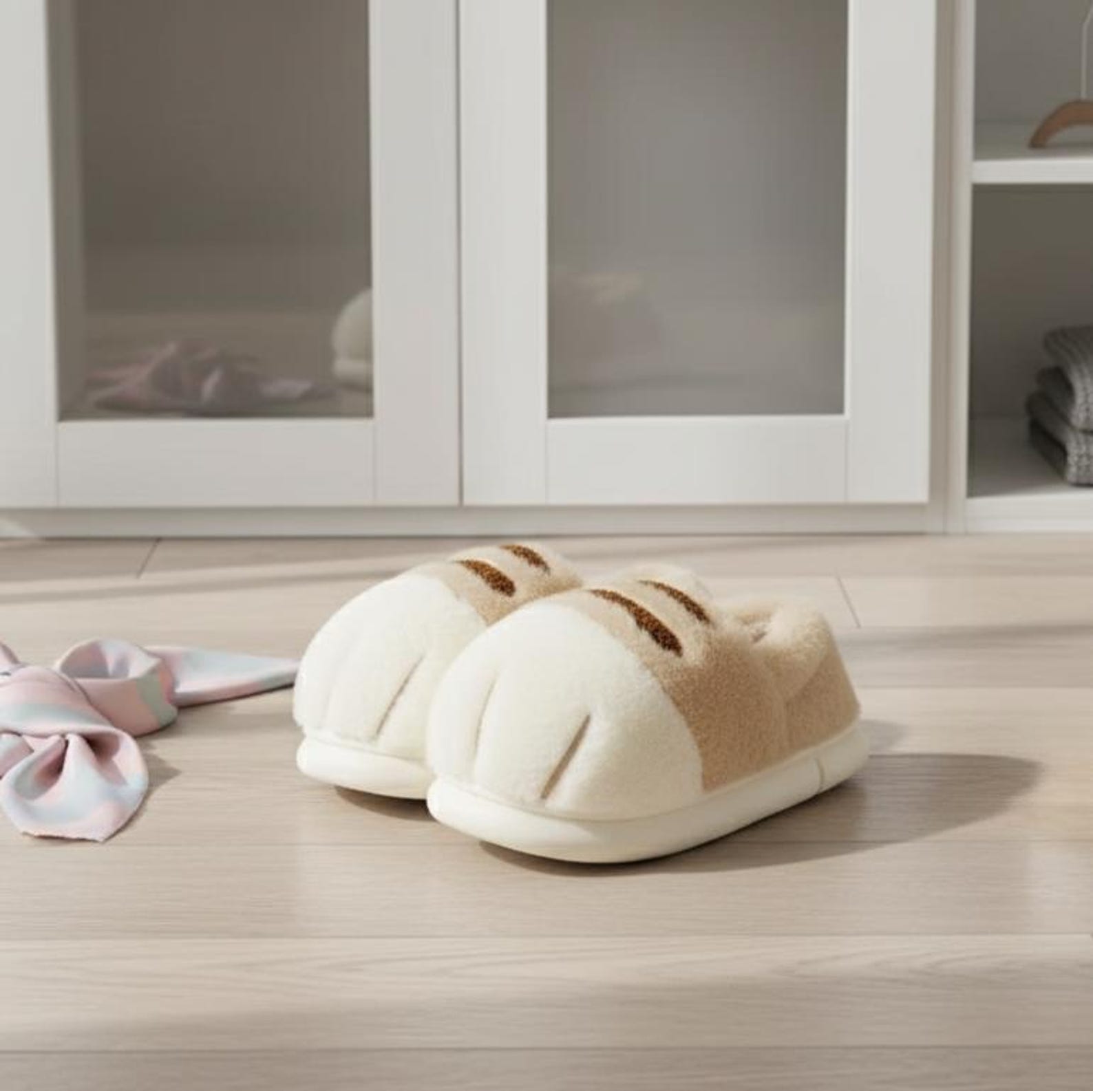 Beige Cat Paw Slippers for Women – Soft Fluffy Indoor Shoes, Cozy ...