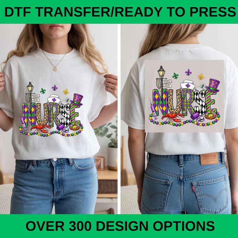 Mardi Gras Nurse DTF Transfer, Unique Leopard Plaid Harlequin Design ...