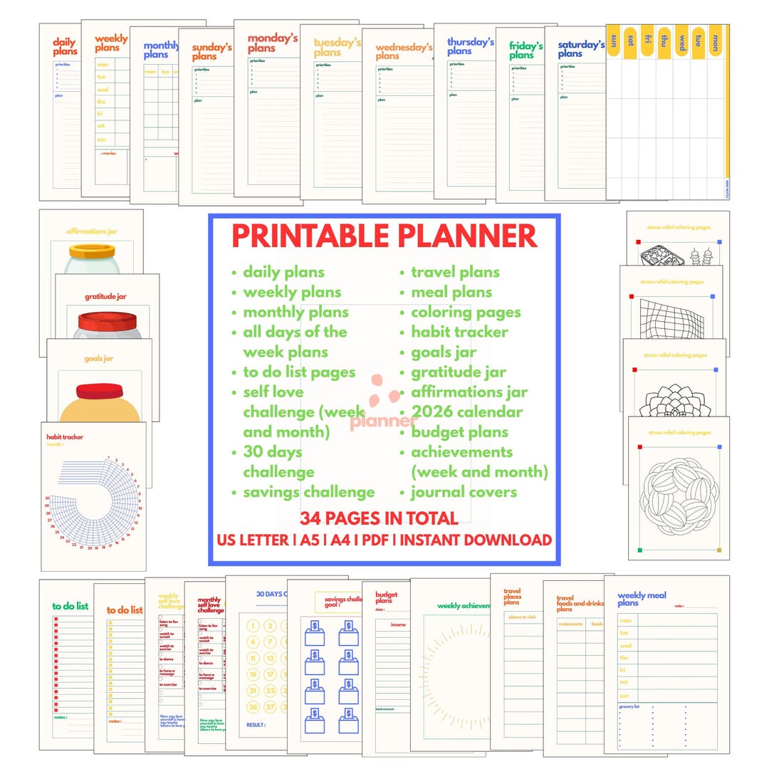Colourful Printable 2026 Planner With Calendar / Undated Productivity ...