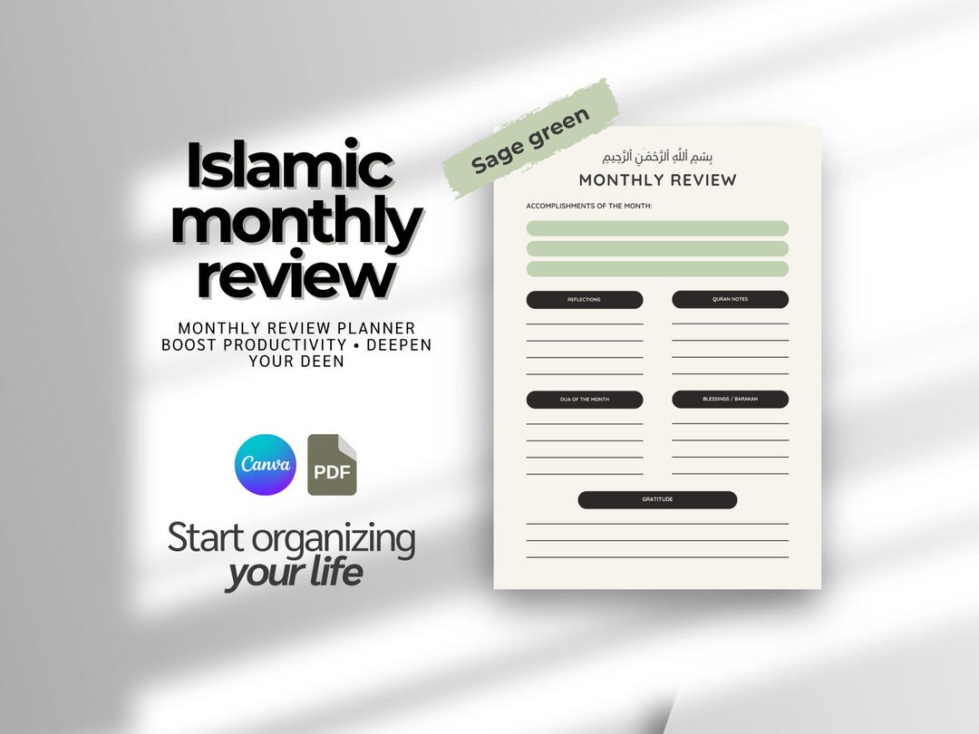 Islamic Monthly Review Printable | Sage Green Reflection Sheet | Quran ...