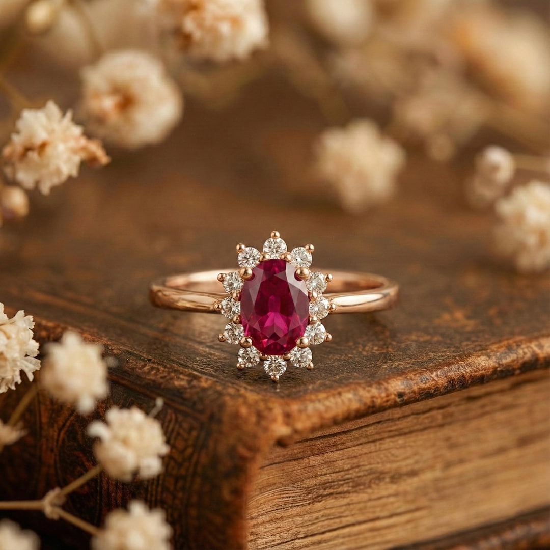 Oval Pink Ruby Engagement Ring, Moissanite Halo, Anniversary Ring - Etsy