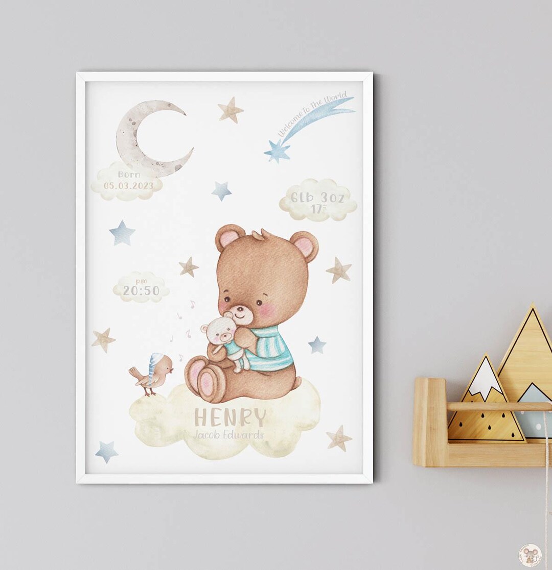 Printable Teddy Bear Baby Boy Chart Print: Personalized Nursery Birth ...