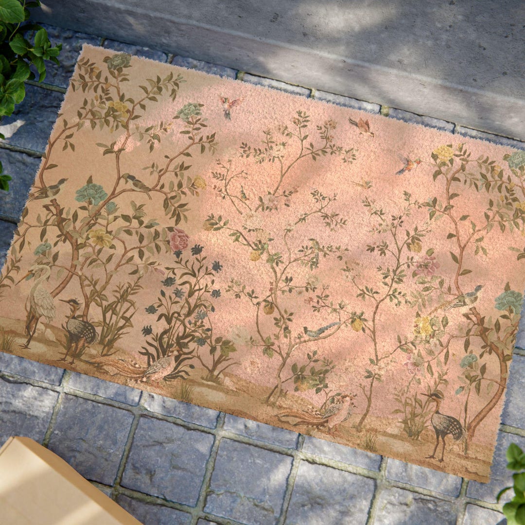 Floral Chinoiserie Pattern Doormat | Pink Botanical Vine Entrance Mat ...