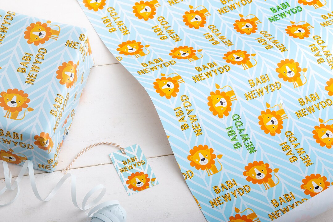 New Baby Welsh Wrapping Paper, Babi Newydd Gift Wrap Featuring a Llew ...