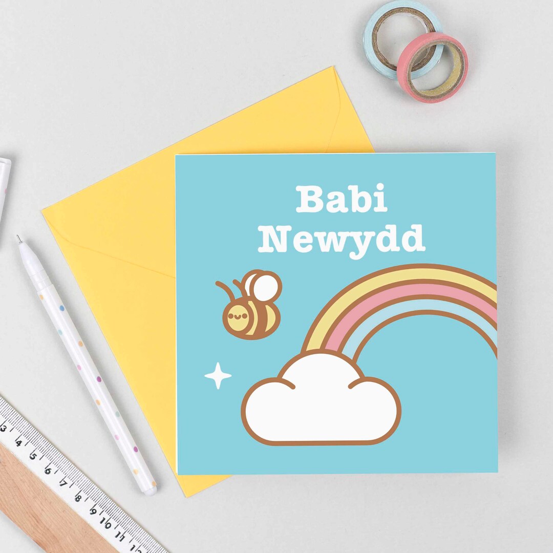 Welsh Card New Baby / Babi Newydd Card in Welsh Featuring a Rainbow and ...