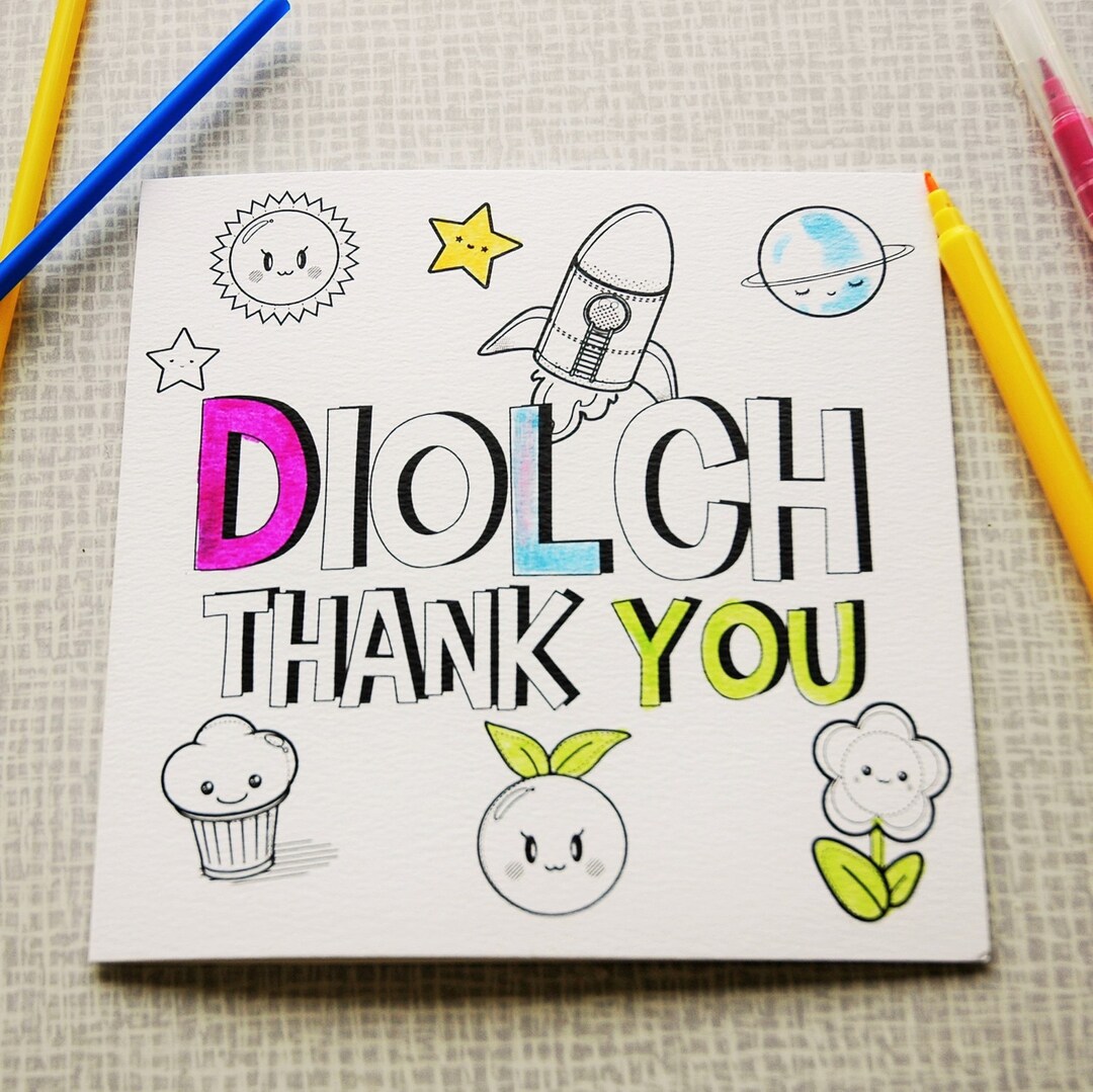 Welsh Card- Thank You, Diolch Card Bilingual Card Which You Can Colour ...
