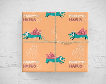 Welsh Birthday Wrapping Paper, Penblwydd Hapus With Bird Design, Single ...