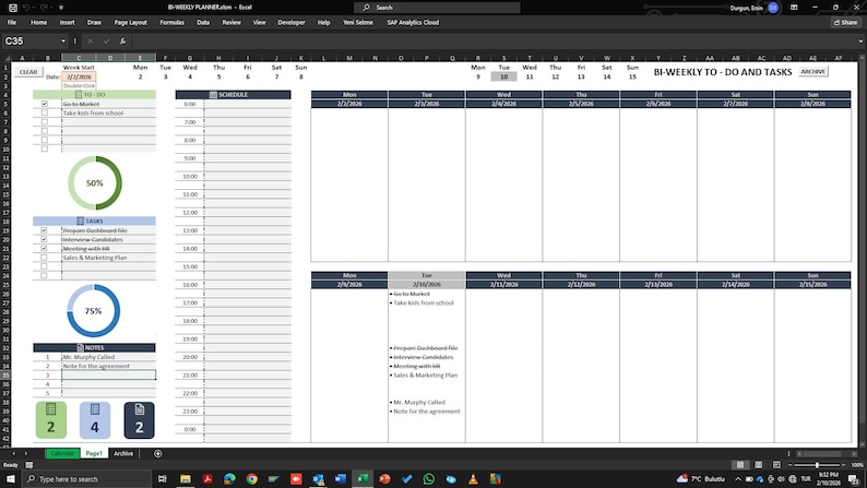 Bi-weekly Excel Planner With Dashboard | Auto To-do Transfer ...