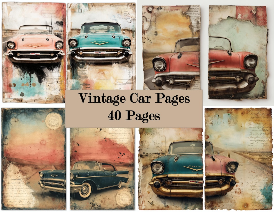 Classic Car Junk Journal Art Pages, Retro Road Trip Collage Panels ...