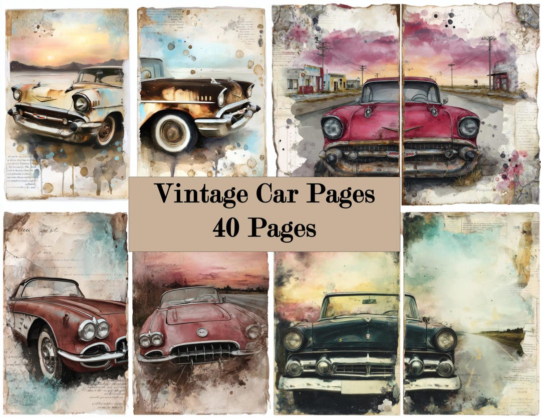 Vintage Car Junk Journal Pages, Retro Automobile Scrapbook Paper ...
