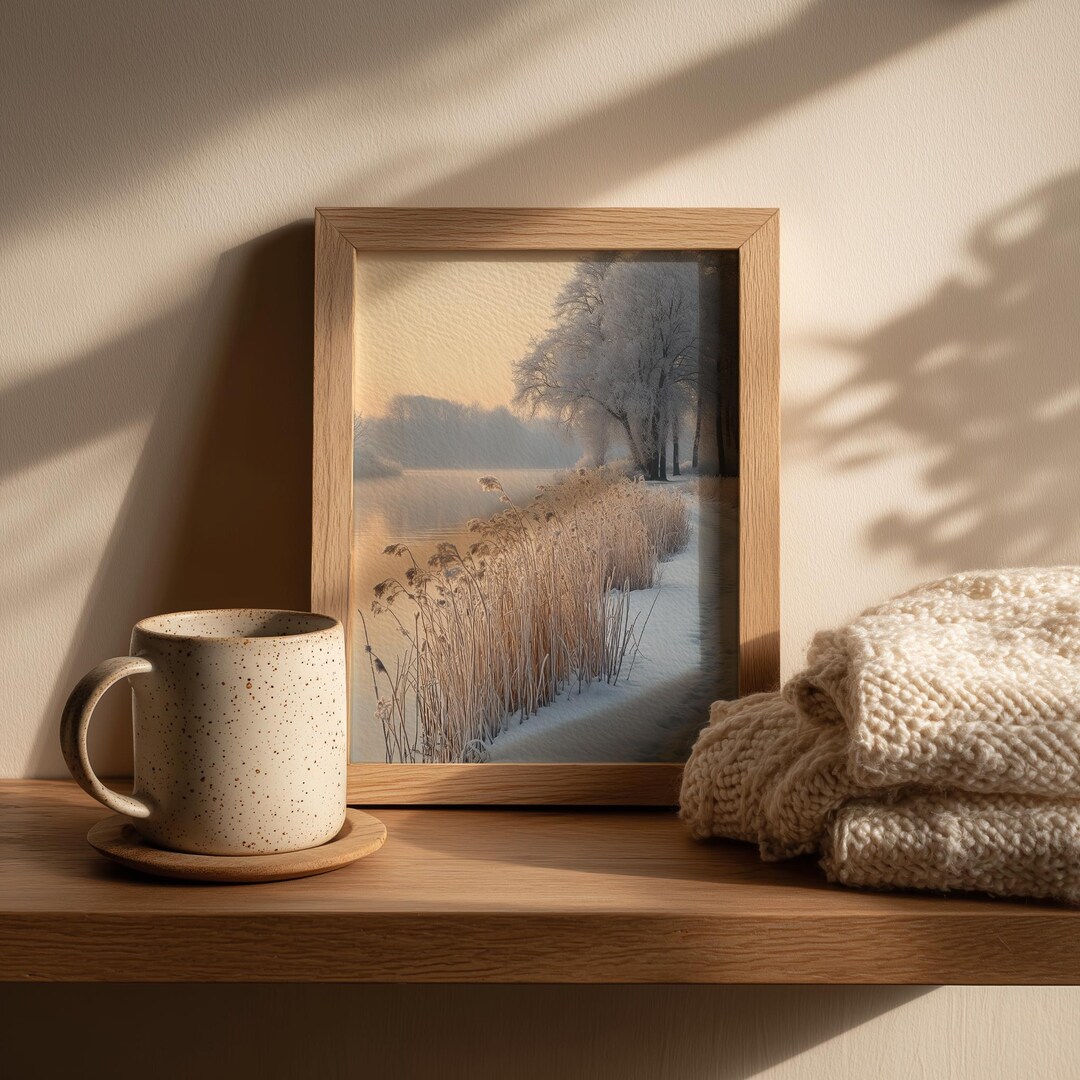 Snowy Riverside Landscape - Printable Winter Wall Art, Serene River ...