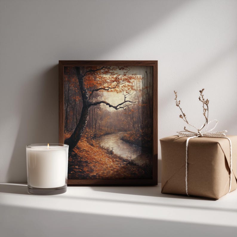 Rustic Autumn Tree Over Quiet Stream - Moody Landscape Painting, Earthy ...