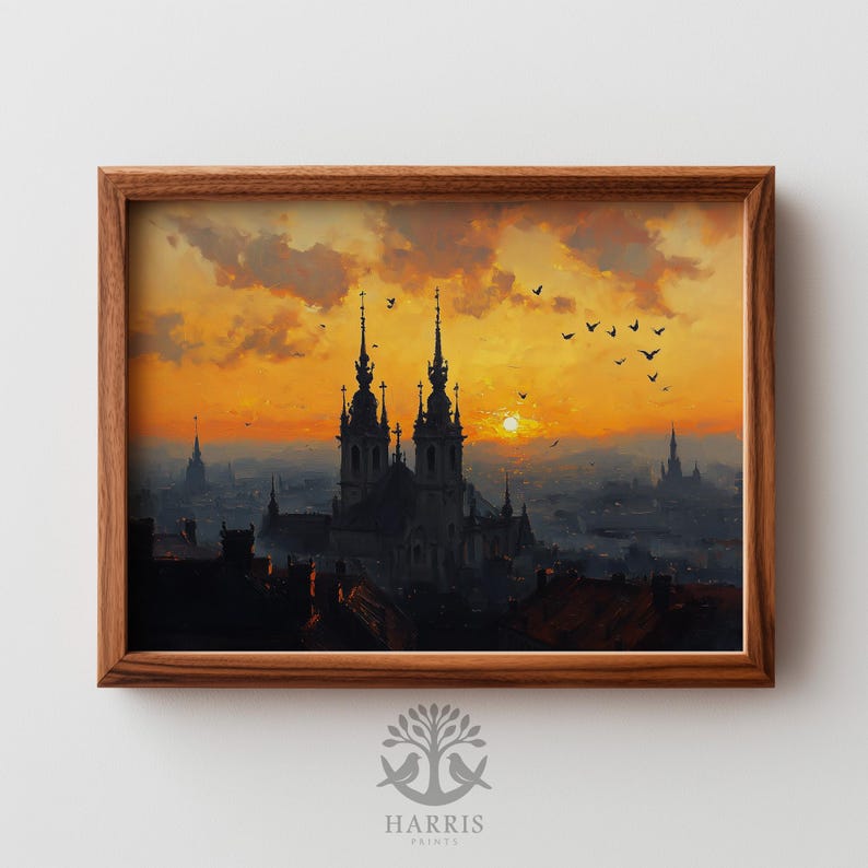 Gothic Church Spires Sunset Painting - Moody Vintage Wall Art, Dramatic ...
