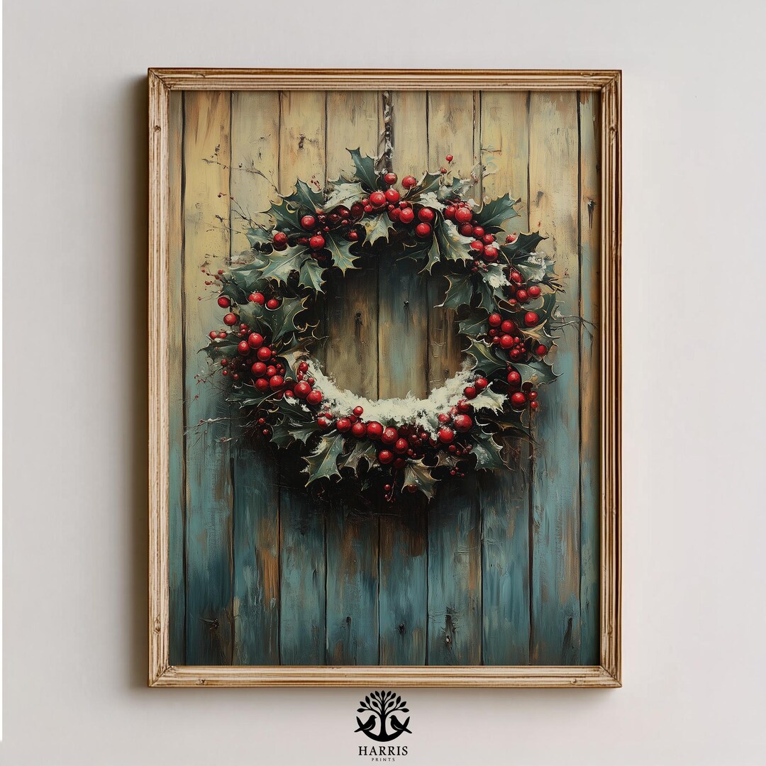 Rustic Vintage Holly Wreath Painting - Muted Festive Evergreen & Red ...