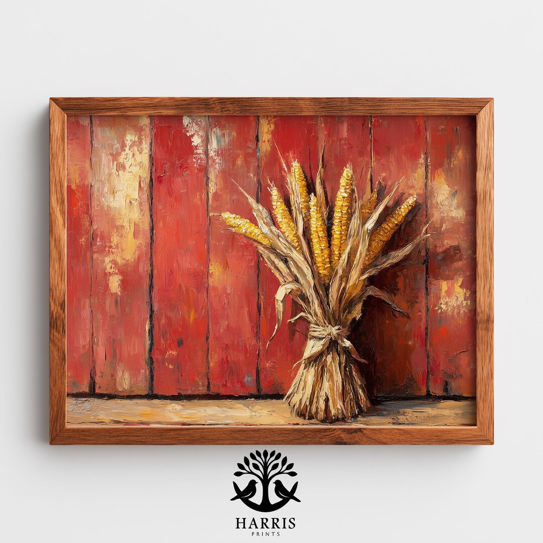 Rustic Farmhouse Harvest Sheaf Art - Vintage Oil Painting of Dried Corn ...