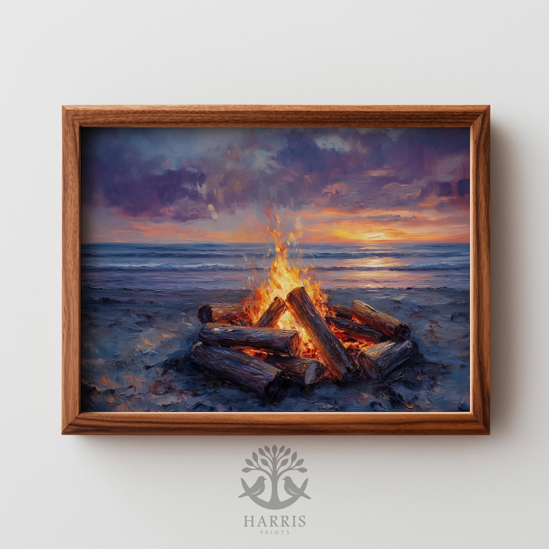 Moody Beach Bonfire Scene, Rustic Coastal Twilight Landscape ...