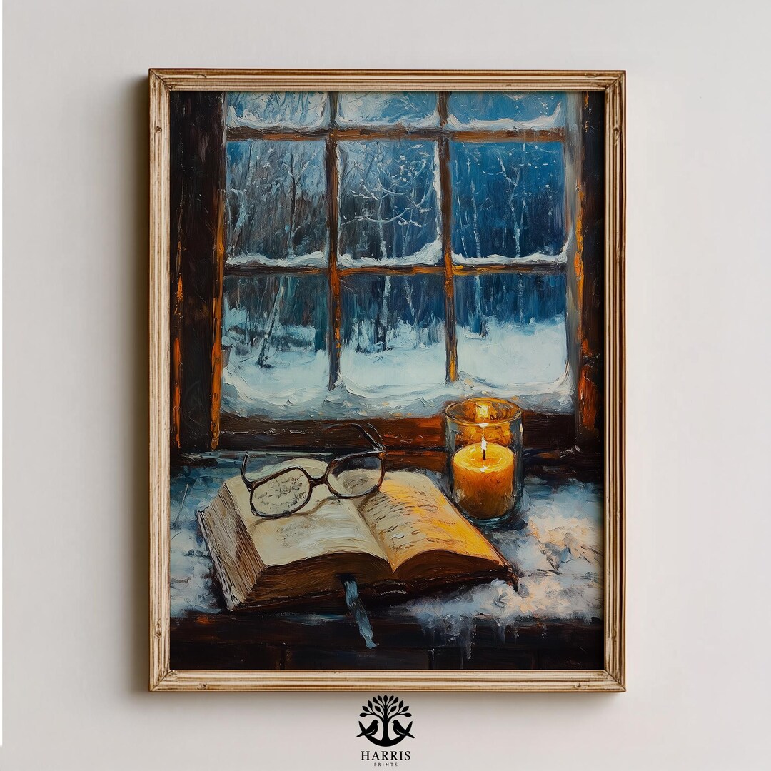 Vintage Candlelit Reading Scene Art - Moody Winter Oil Painting, Rustic ...