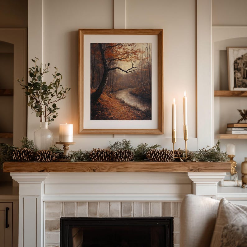 Rustic Autumn Tree Over Quiet Stream - Moody Landscape Painting, Earthy ...