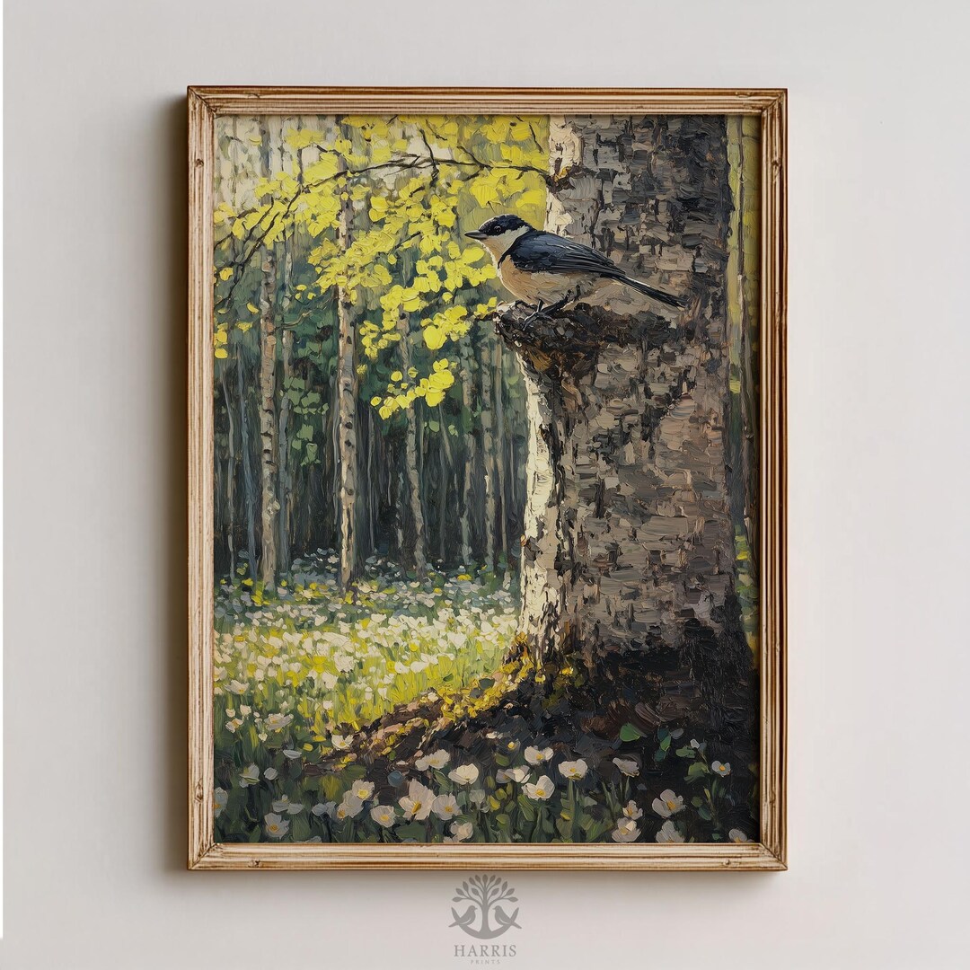 Rustic Nuthatch Wall Art - Cottagecore Bird on Beech Tree, Peaceful ...