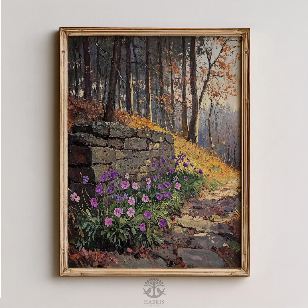 Cottagecore Violets Beside Stone Wall - Rustic Autumn Landscape Art ...