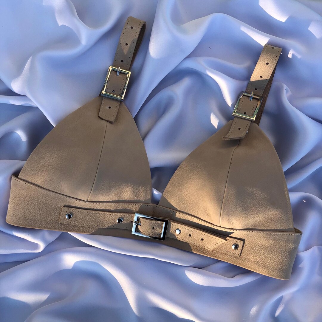 Beige Genuine Leather Bralette – Handmade Triangle Bra With Buckle ...