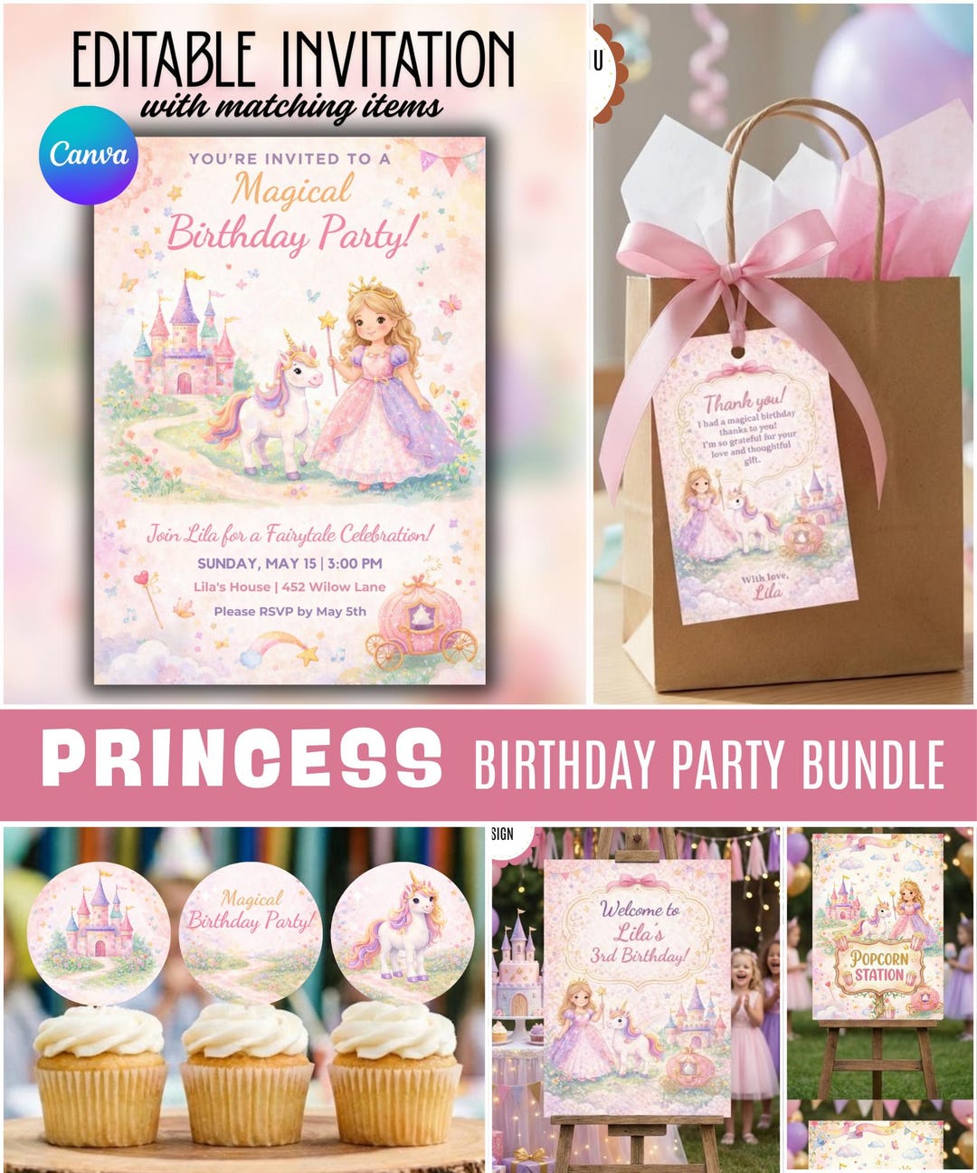 Editable Princess Birthday Invitation Bundle, Princess Party Invite ...