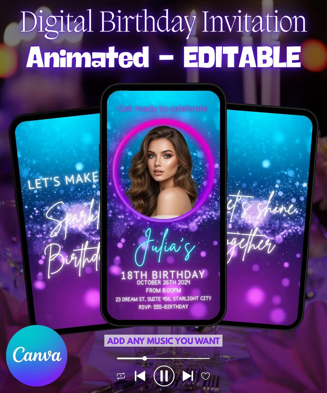 Animated Neon Birthday Party Invitation, Sparkly Disco Birthday Invite ...