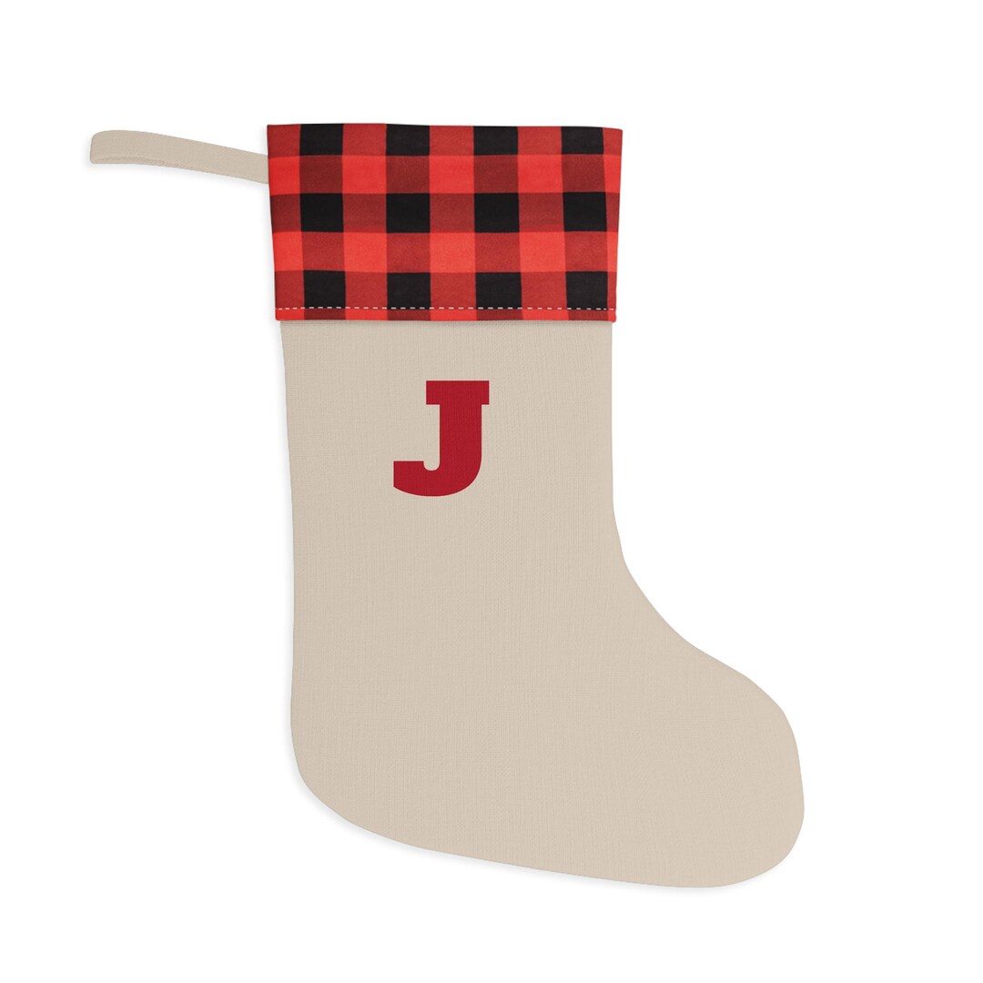 Letter J: Buffalo Plaid Linen Christmas Stocking, Personalized Decor - Etsy