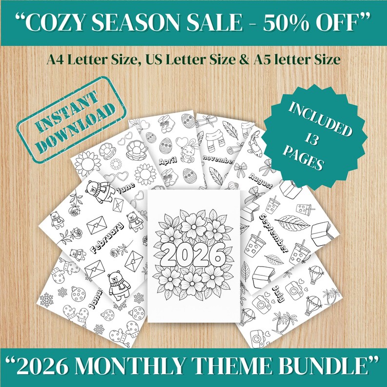 2026 Monthly Theme Coloring Pages Bundle | 13 Printable Pages | A4, A5 ...