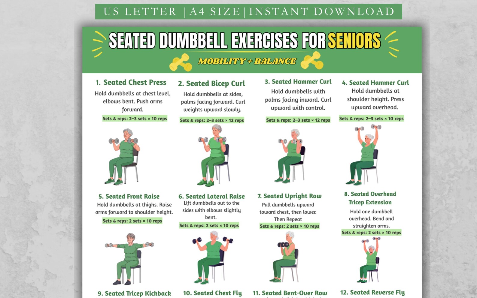 Seated Dumbbell Exercises for Seniors PDF| Chair Workout Chart for ...
