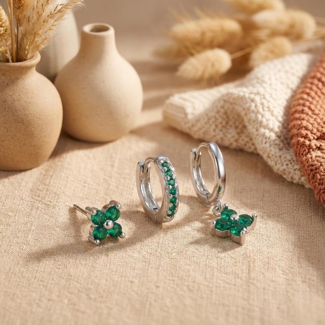 Silver & Emerald Green Earring Set (3pcs) • Stainless Steel Flower ...