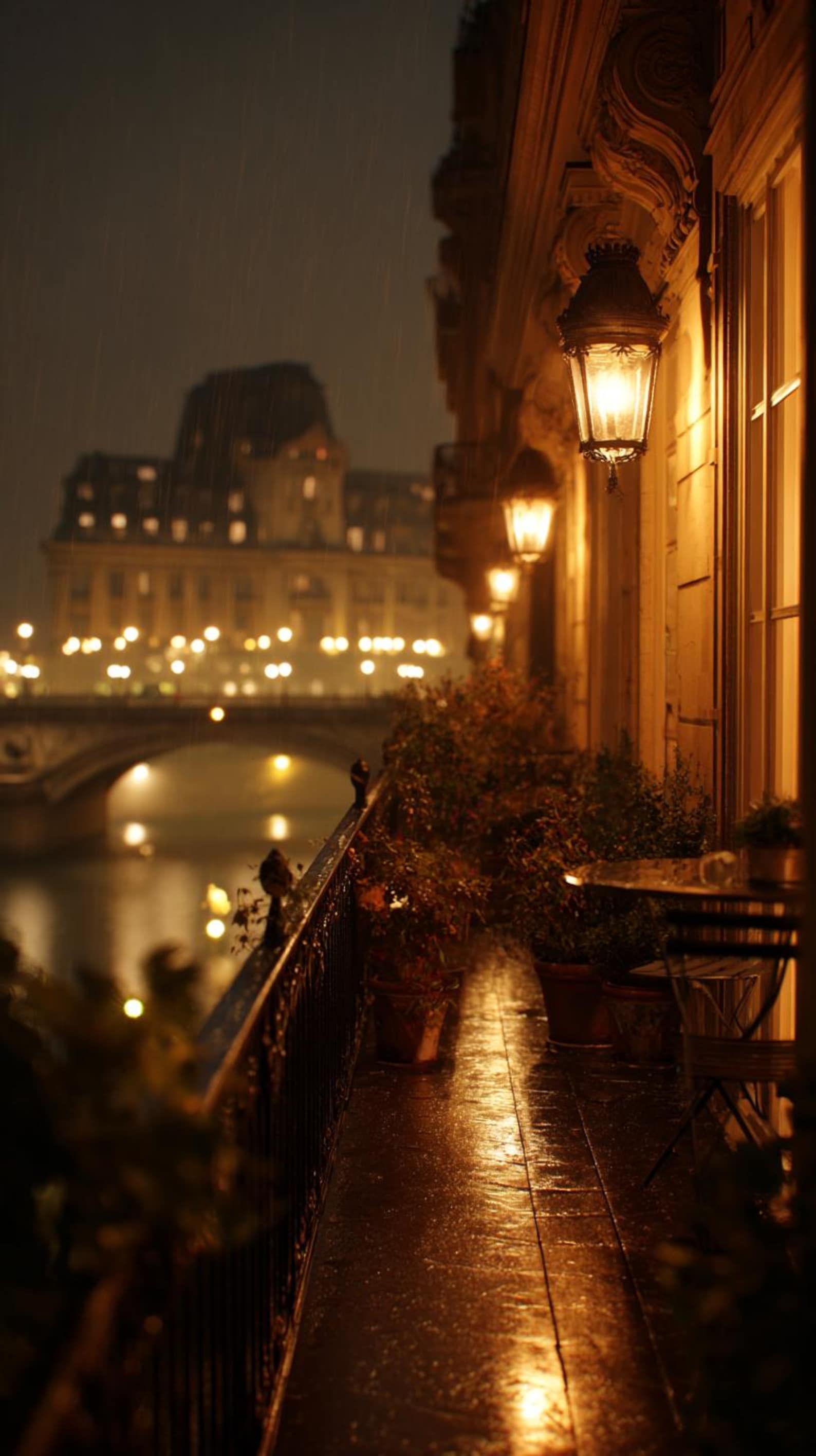 Cozy Rainy Paris Bridge Balcony at Night | Warm Golden Lights, Romantic ...
