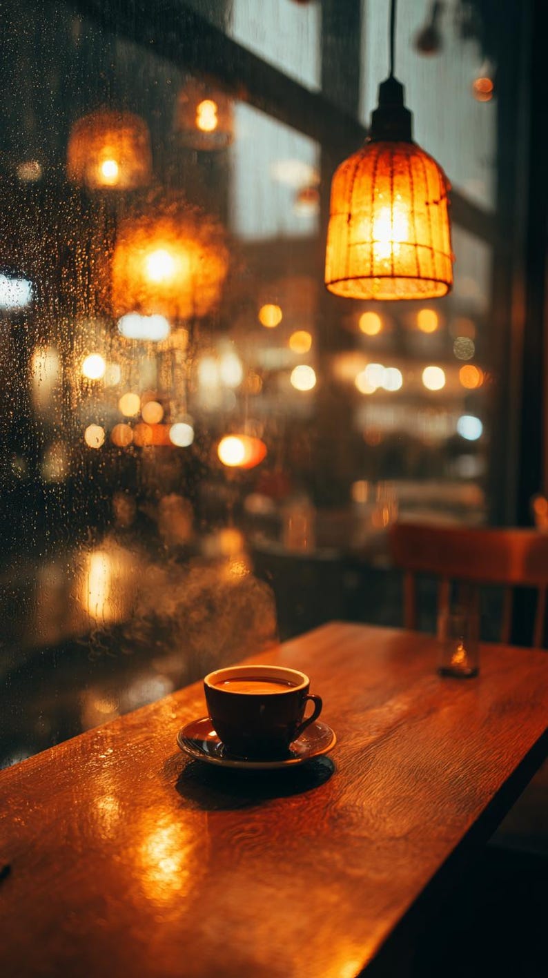 Rainy Night Cafe Phone Wallpaper – Lantern Light, Coffee (digital ...