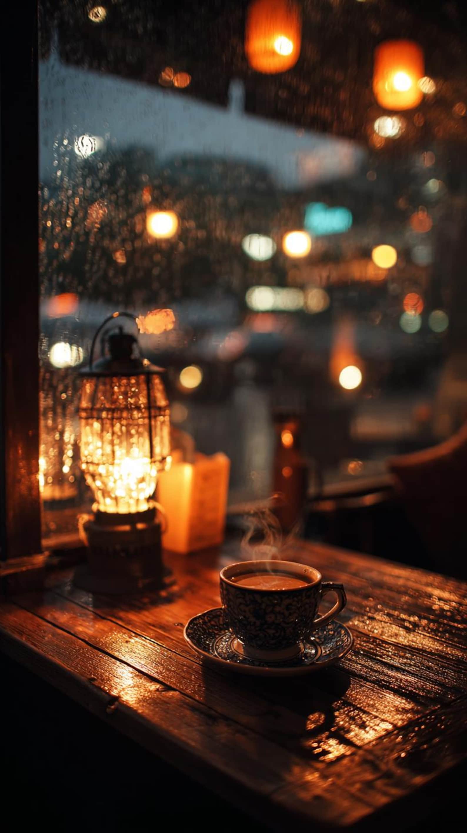 Rainy Night Cafe Phone Wallpaper – Lantern Light, Coffee (digital ...