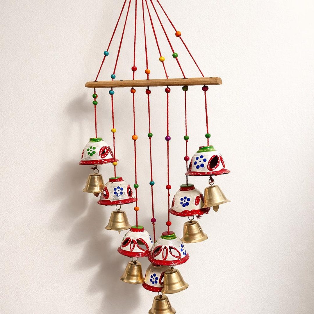 Hand Painted Indian Bell Wind Chime, Boho Wooden Hanging Decor, Jaipur ...