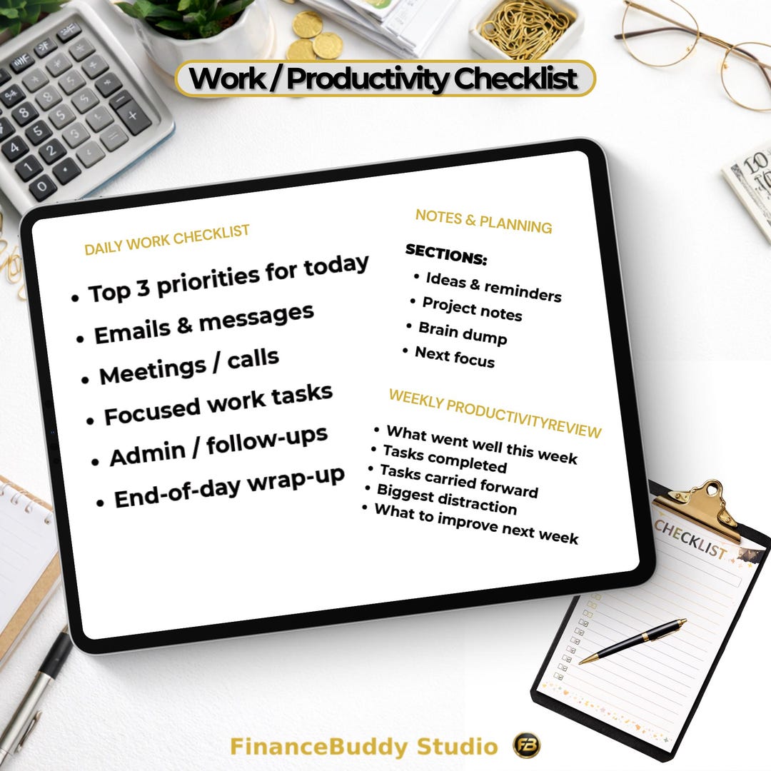 Work Productivity Checklist Printable | Daily Work Planner & Weekly ...