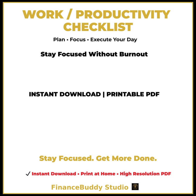 Work Productivity Checklist Printable | Daily Work Planner & Weekly ...