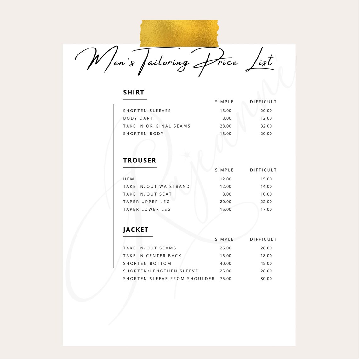 Alteration and Tailoring Price List Alteration Price List - Etsy