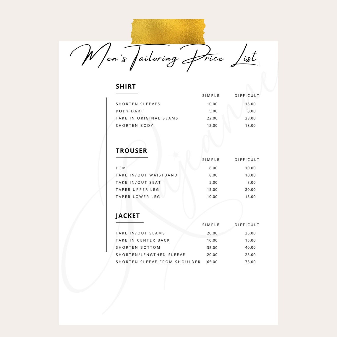 Alteration and Tailoring Price List Alteration Price List - Etsy