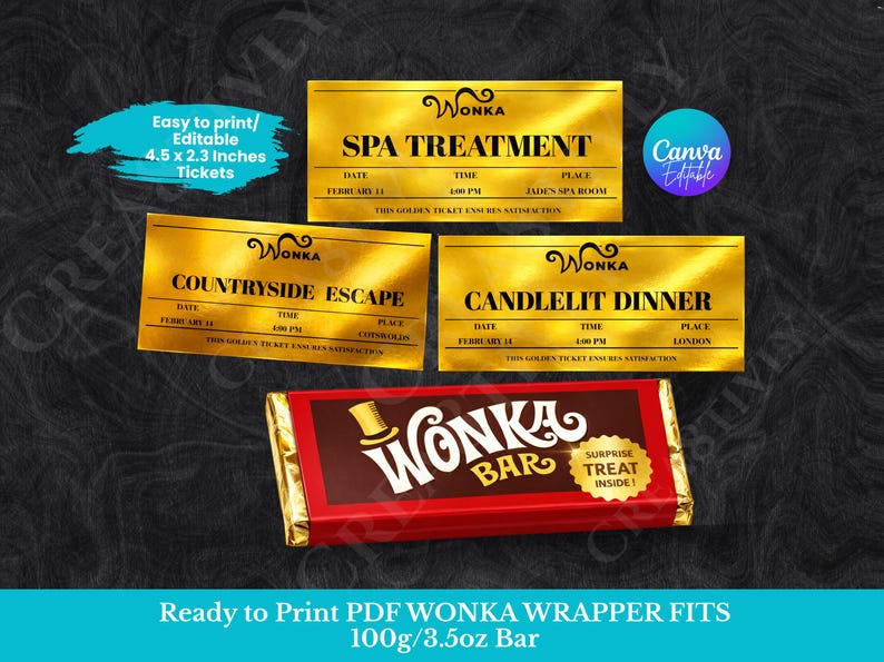 Digital PDF Wonka Chocolate Bar Wrapper & Golden Ticket Bundle | Canva ...