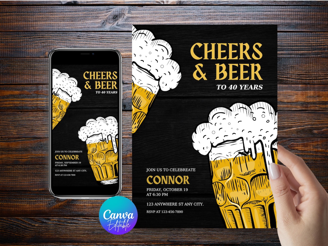 Editable 40th Birthday Beer Invitation | Cheers & Beer Party Invite ...