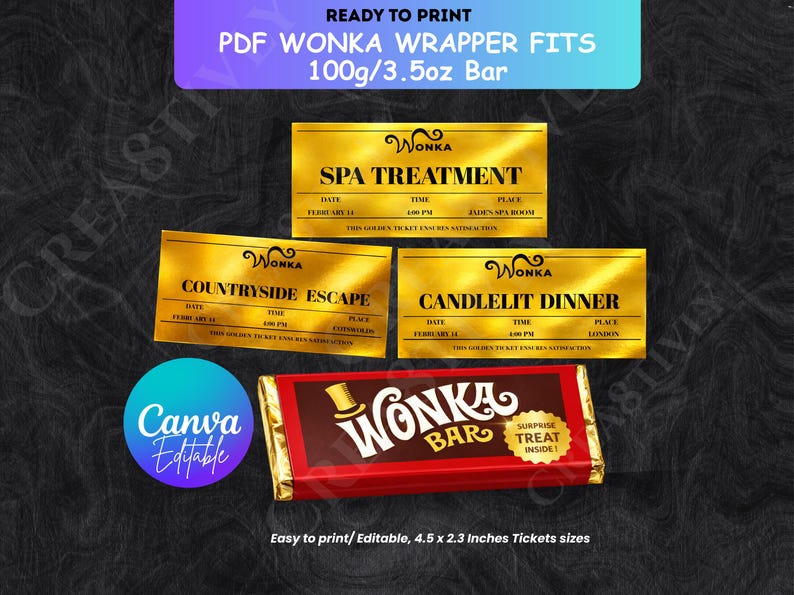 Digital PDF Wonka Chocolate Bar Wrapper & Golden Ticket Bundle | Canva ...