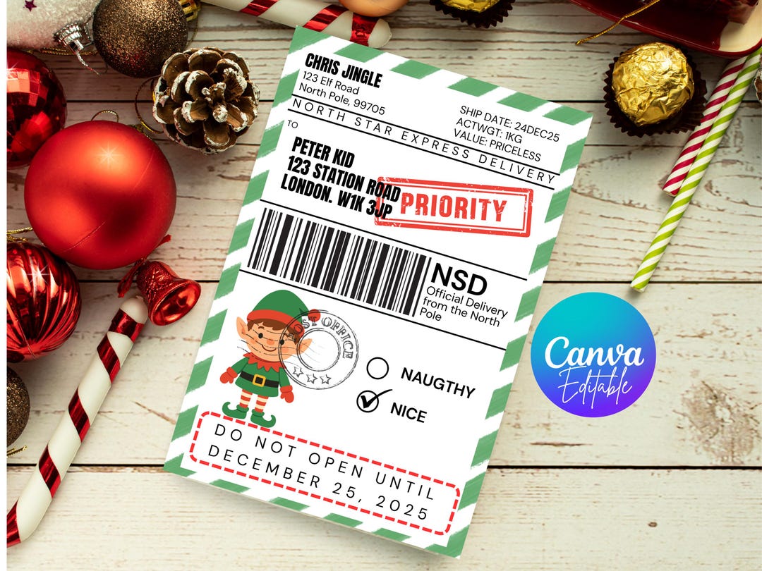 Editable Santa Shipping Label | North Pole Express Mail Tag (canva ...